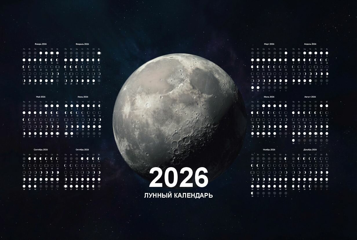 Лунный календарь 2026 - календарь фаз луны - формат А2