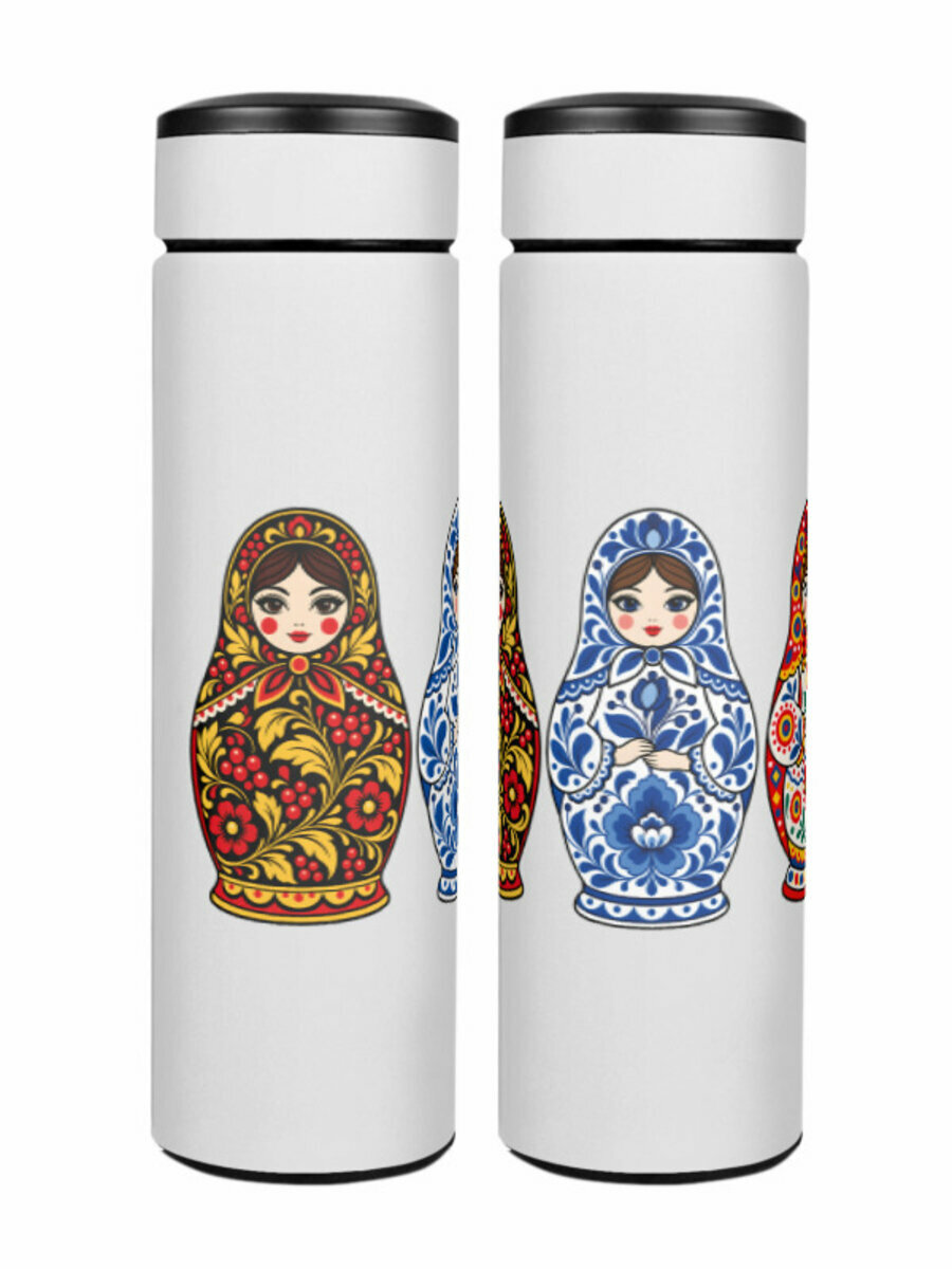 Термос «Традиционные русские матрёшки» (белый)