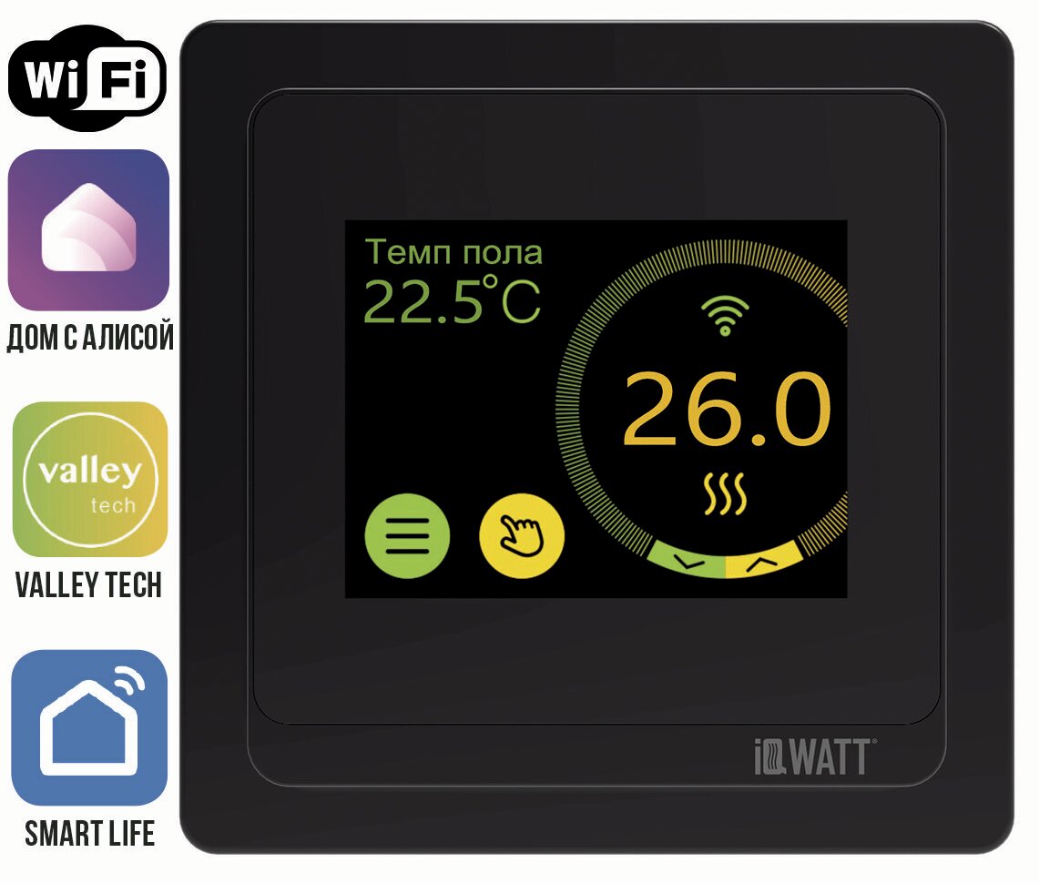 Программируемый терморегулятор с цветным сенсорным TFT дисплеем SMART HEAT Wi-Fi BLACK и голосовым управлением Алиса