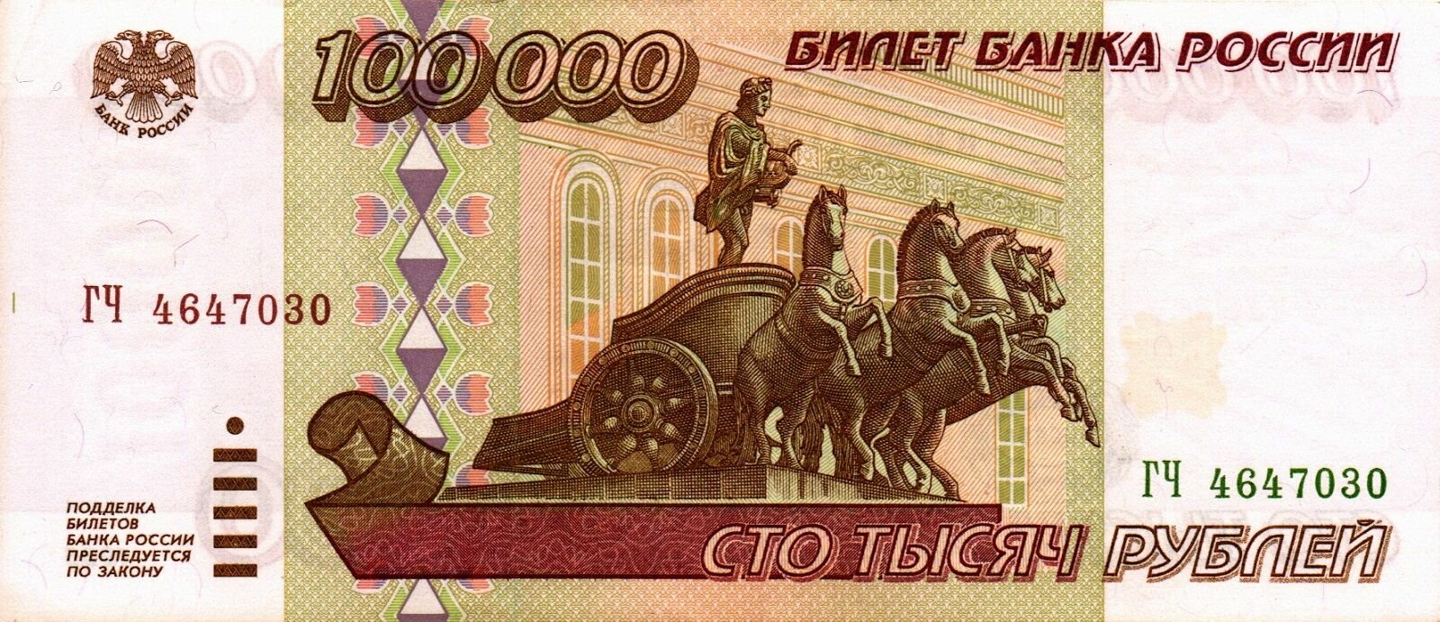 100000 рублей 1995 год ГЧ 4647030 Россия молодая Н