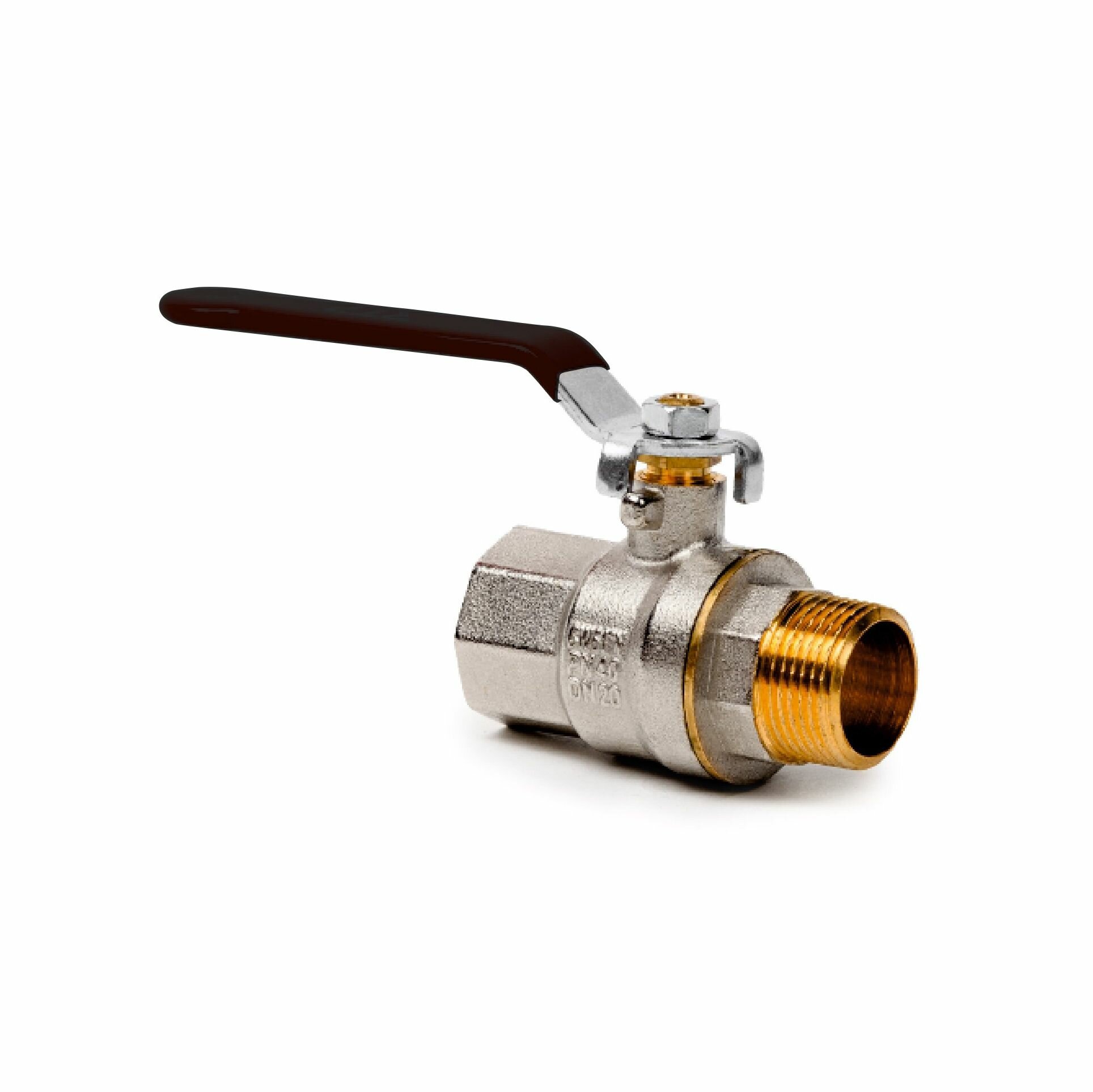 Кран шаровой 3/4", PN40, внутренний-наружный, ручка рычаг, никелированный, РТП | 27395