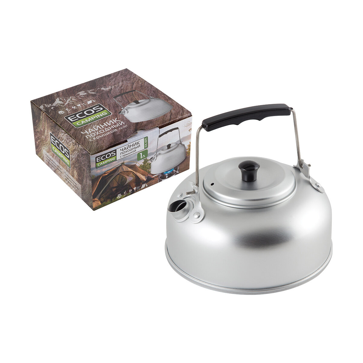 Чайник походный "Ecos", алюминий, пластмасса, 1 л, серебристый