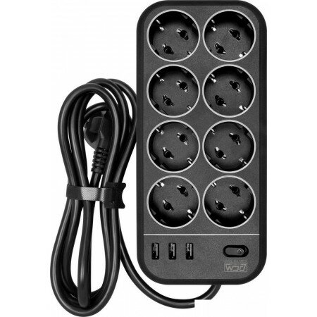 Powercom SP-08 USB03AB (3 м, 8 розеток, черный)