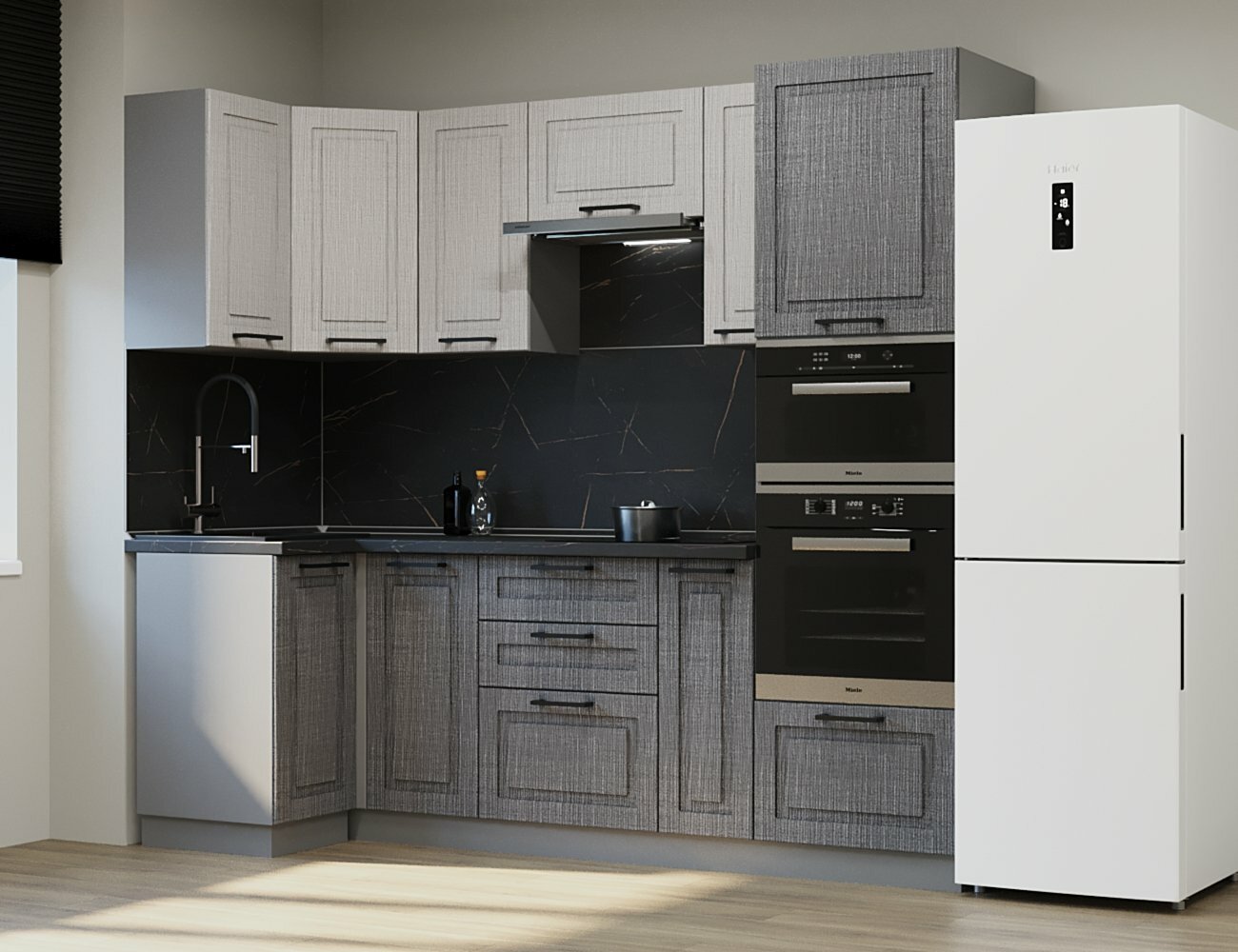 Кухонный угловой гарнитур Аликанте, 1000х2500 мм, чесура темная/чесура светлая