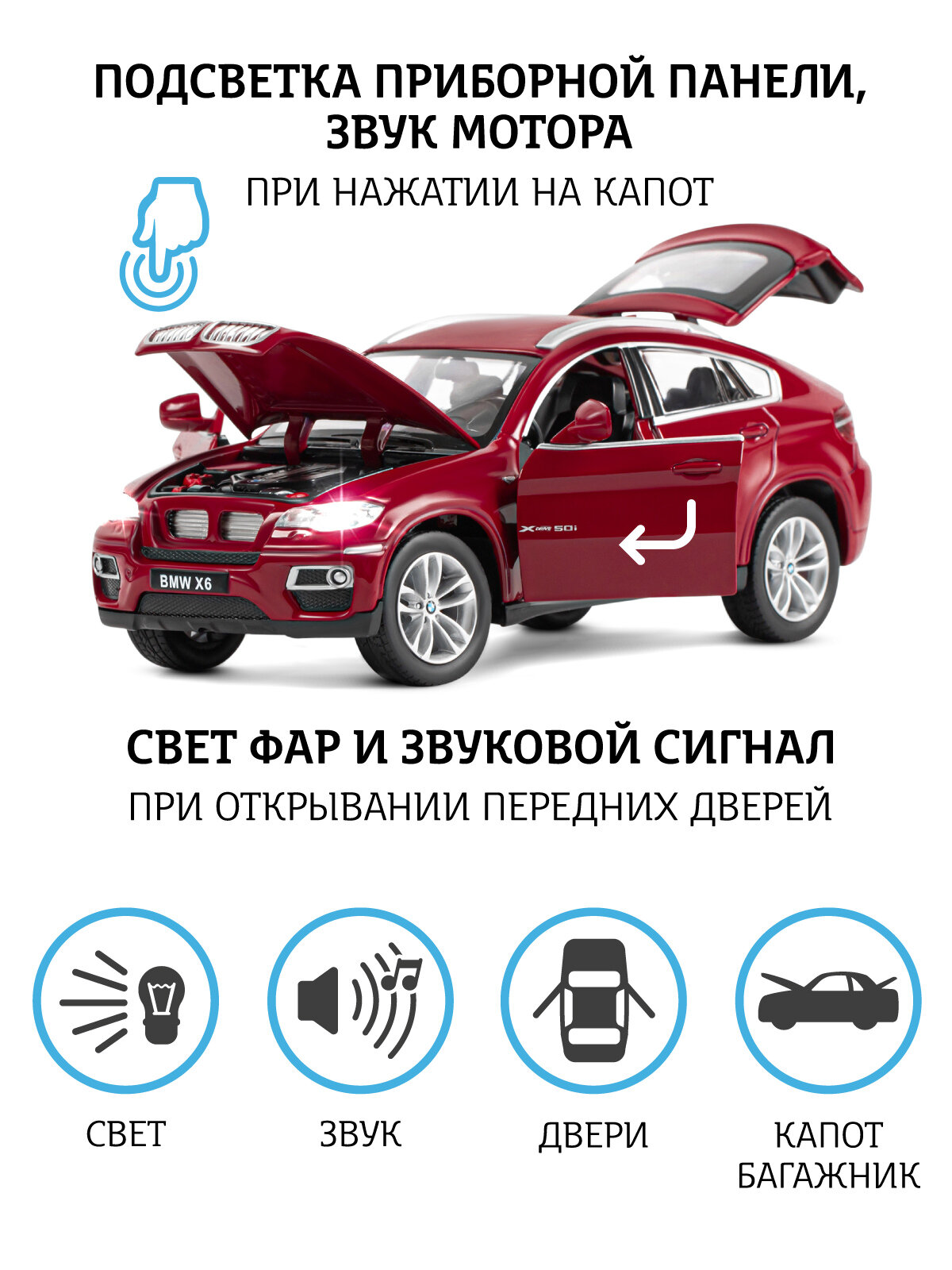 Машинка металлическая ТМ Автопанорама, BMW X6, М1:26, свободный ход колес, свет, звук, красный, JB1251128