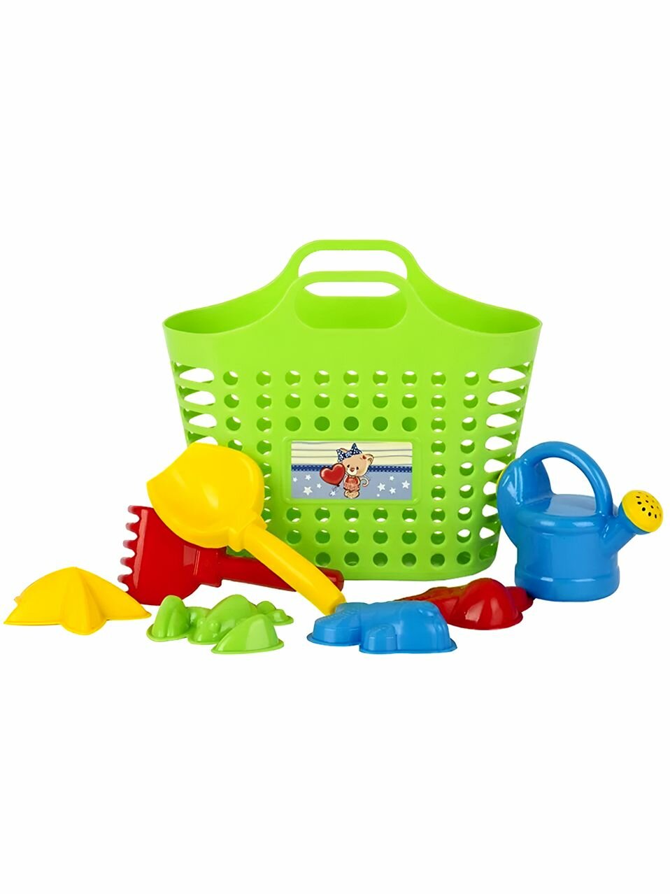 Детский игровой набор для песочницы из 8 предметов с сумкой-корзиной, лейкой-мини, совком, граблями и 4 формочками