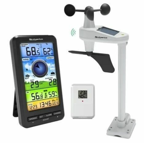 NicetyMeter Портативная беспроводная WIFI метеостанция, С анемометром, датчиком температуры и влажности, прогнозом погоды на 24 часа, календарем, будильником, возможностью настенного монтажа