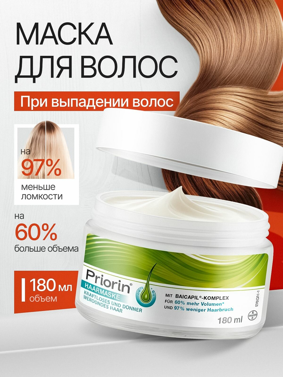 Маска для волос Bayer Priorin, против выпадения, для всех типов волос, 180мл