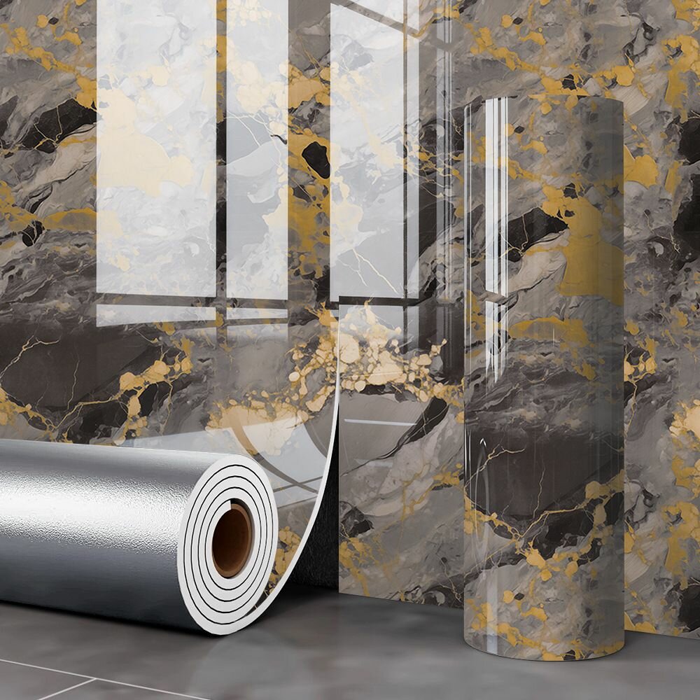 Самоклеящиеся обои с мраморным узором, для различных интерьеров,3,0.6, Серо-золотой