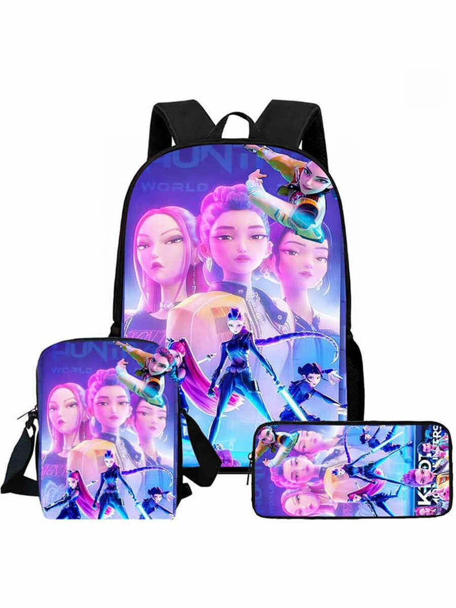 Детский набор из 3 предметов с принтом "K-POP Demon Hunter": рюкзак, сумка через плечо и пенал. Для школы, путешествий и кемпинга.