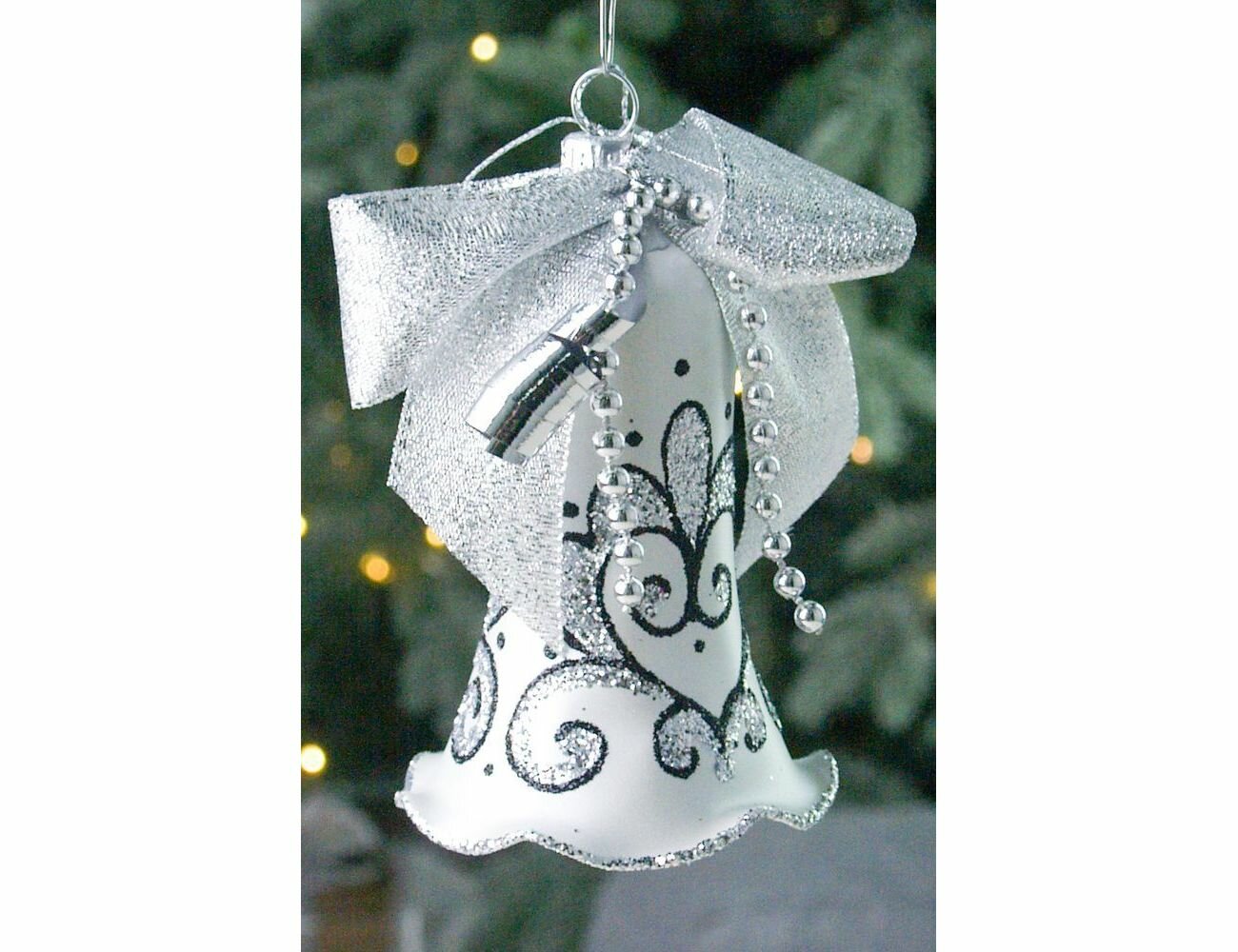 Елочное украшение колокольчик серебристый, серебряный орнамент, 85 мм, Елочка С1359-сереб