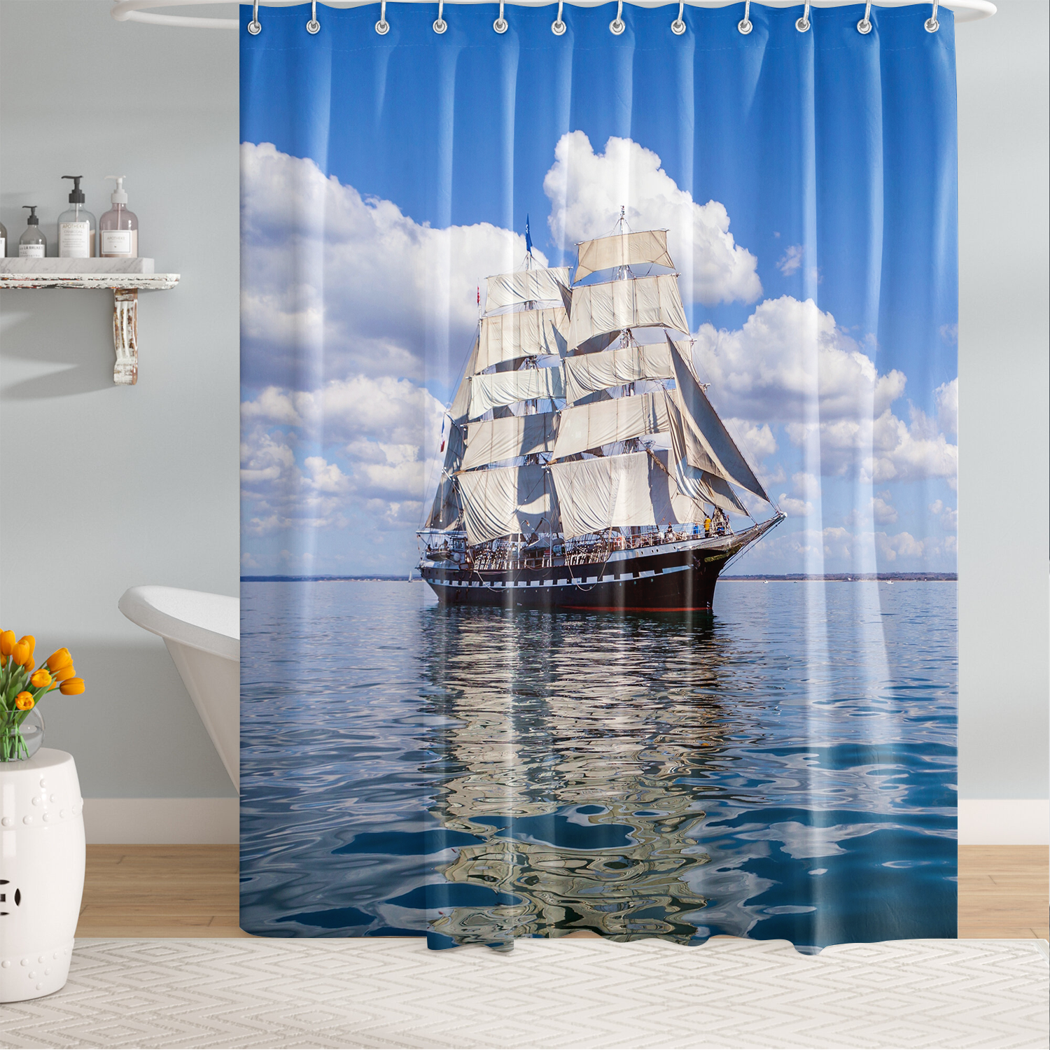 Штора (занавеска) для ванной / душа водоотталкивающая тканевая с кольцами 180 x 180 см Парусник