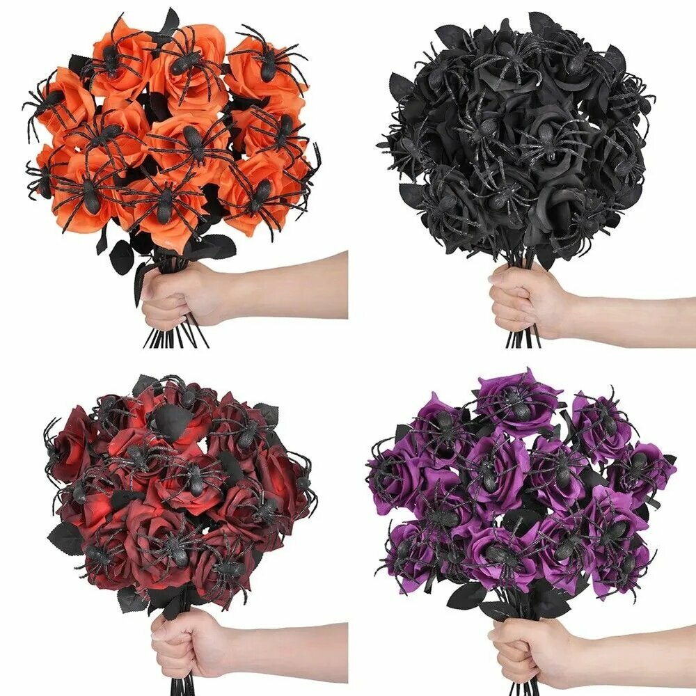 10 шт. цветов на Хэллоуин с розой и пауком, искусственный букет роз на Хэллоуин