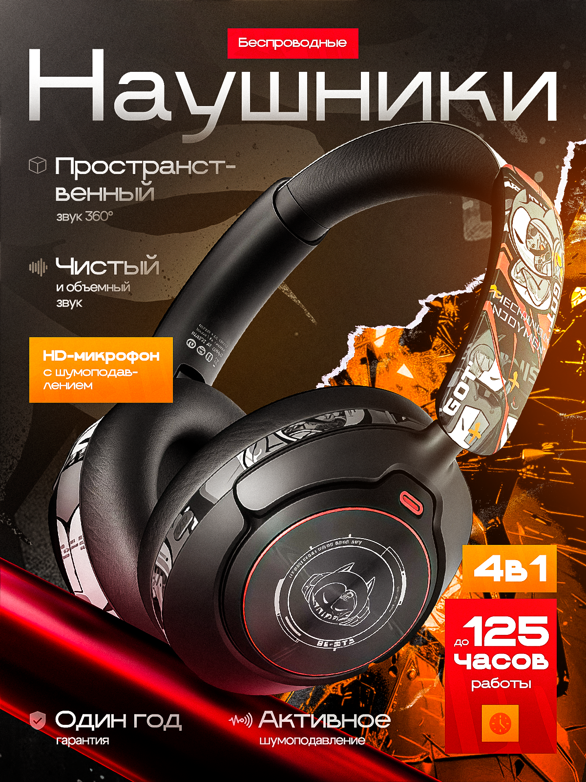 Беспроводные наушники полноразмерные игровые SMART PRESENT GT-1 с отсоединяемым микрофоном и шумоподавлением, черные