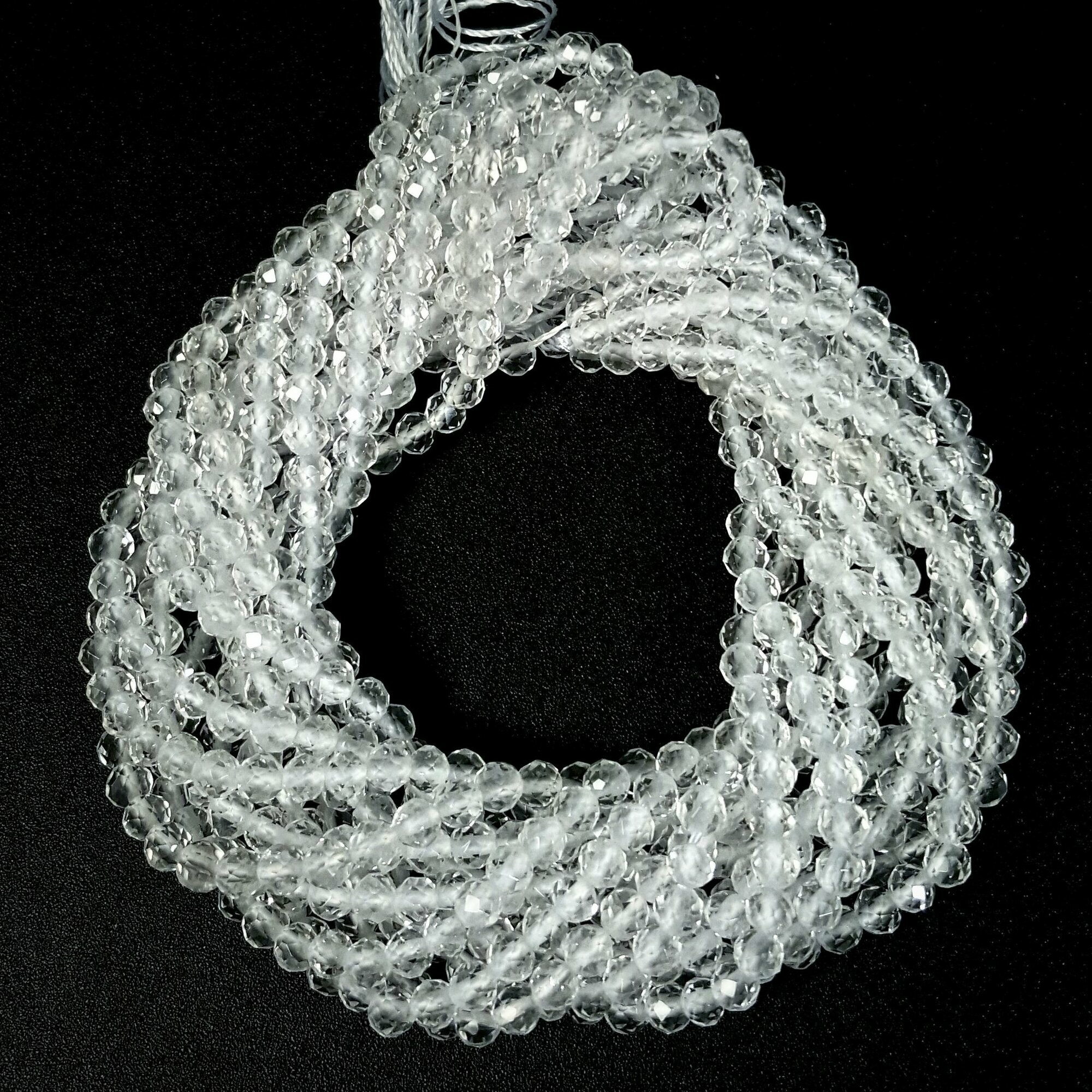 Бусины из натурального камня Горный хрусталь A шар граненый 3 мм (нить 38-39 см), Suntrim