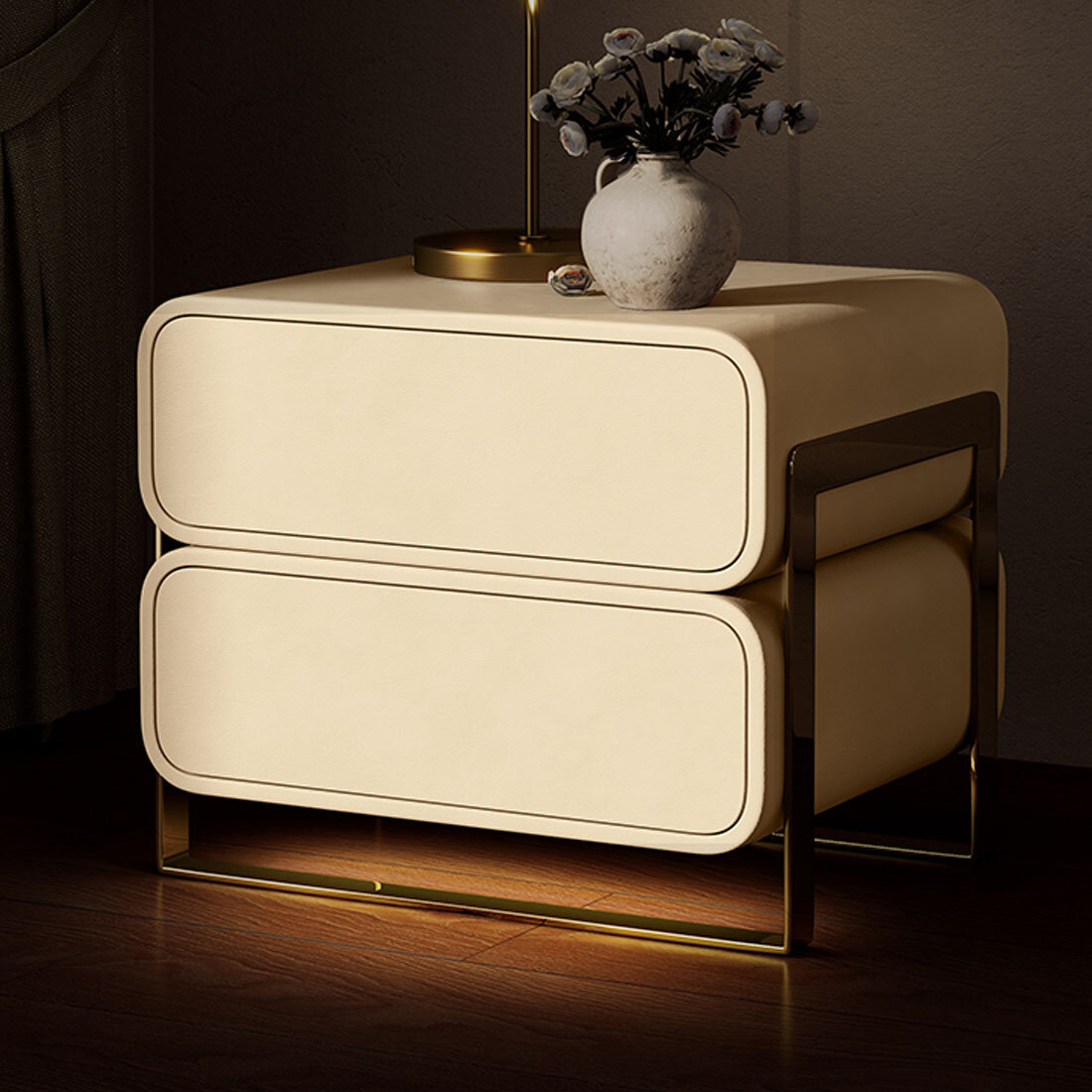 Кожаная прикроватная тумбочка в итальянском стиле Lucia (с подсветкой, бежевый)