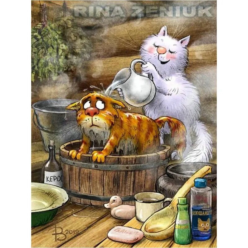 Алмазная картина «Кот, мытье обуви» siimoon Белый, 40x50cm Square Drill, dp-105