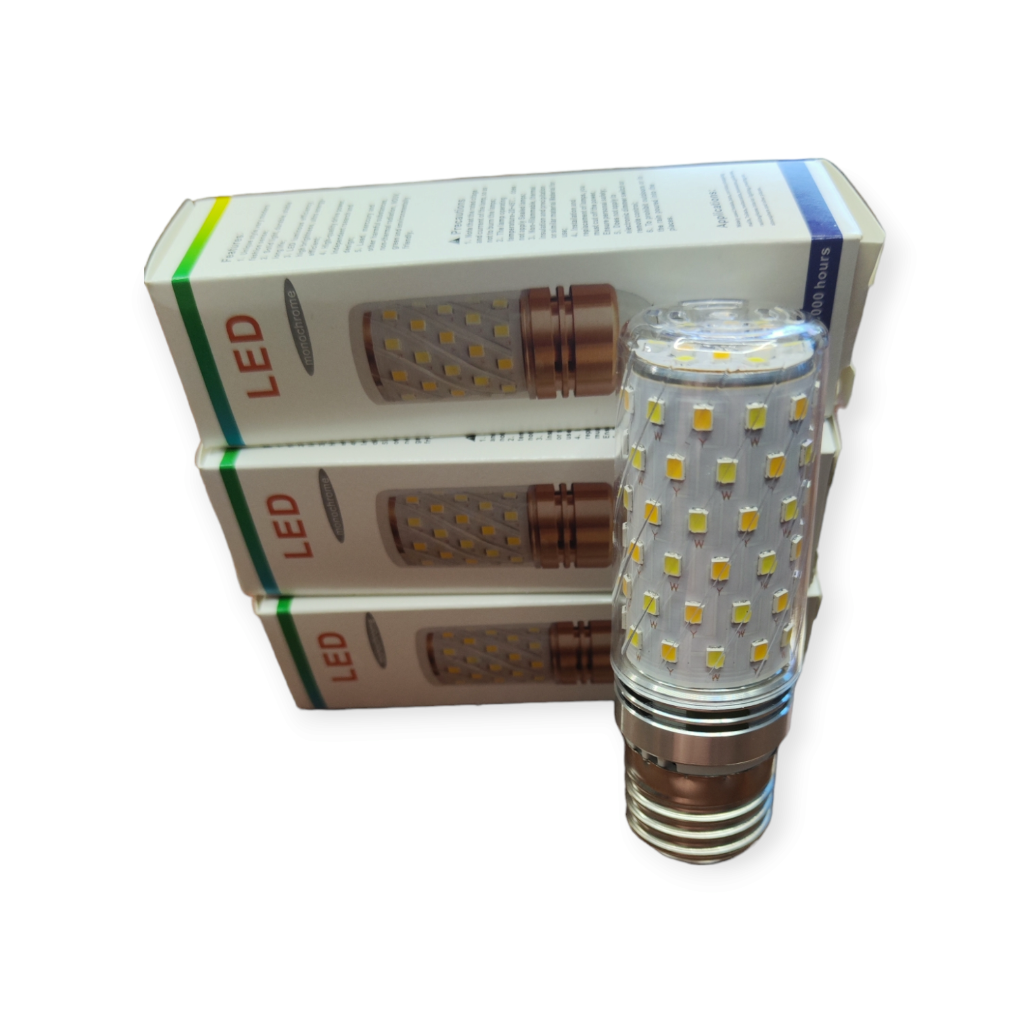 3 штуки Лампочка трехрежимная (2800к-4000к-6500к) кукуруза 12W с цоколем E27. 3 режима свечения (Теплый, дневной, холодный) лампа 6+6 Вт основание хром