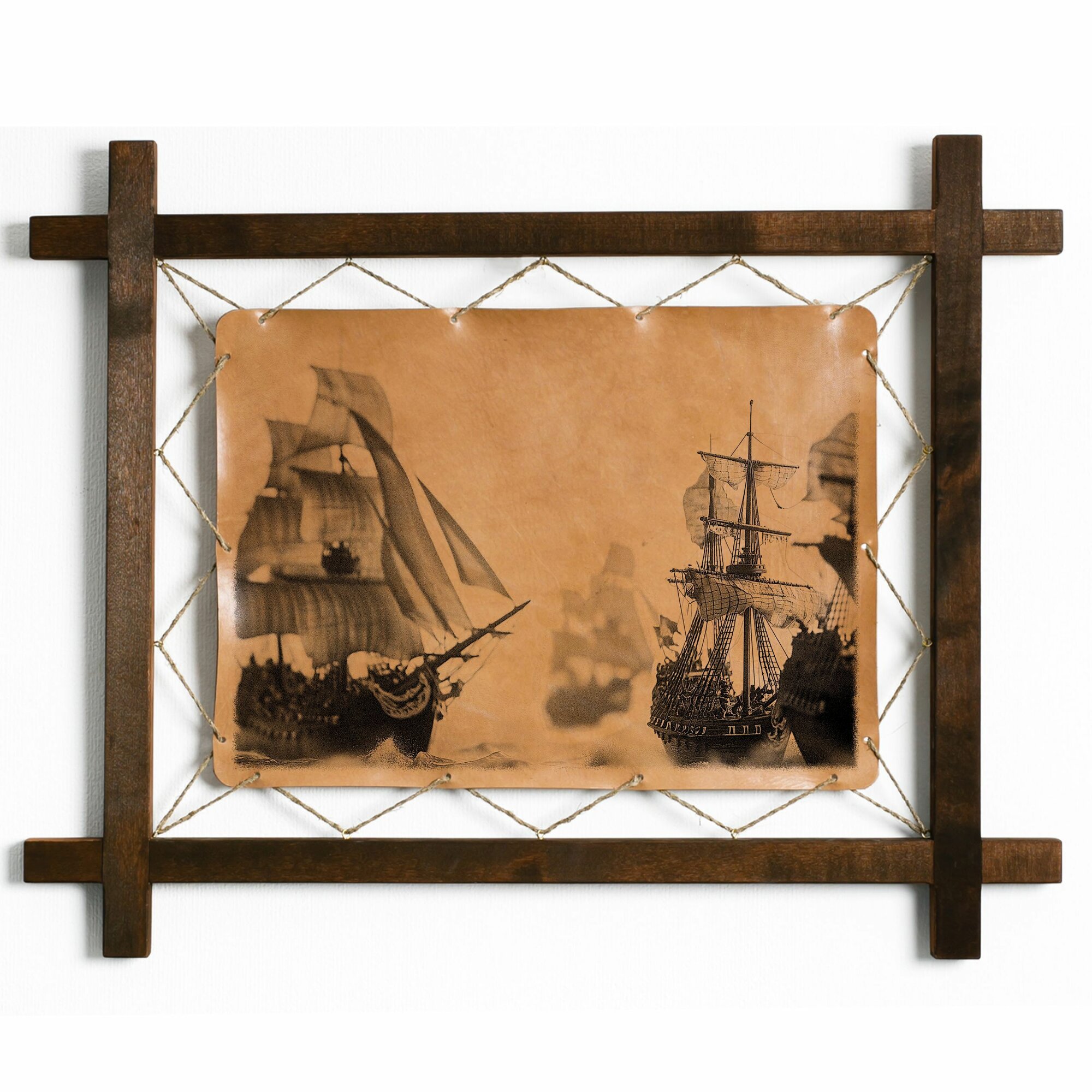 Картина интерьерная, натуральная кожа, "Пиратские фрегаты", в деревянной раме, BoomGift