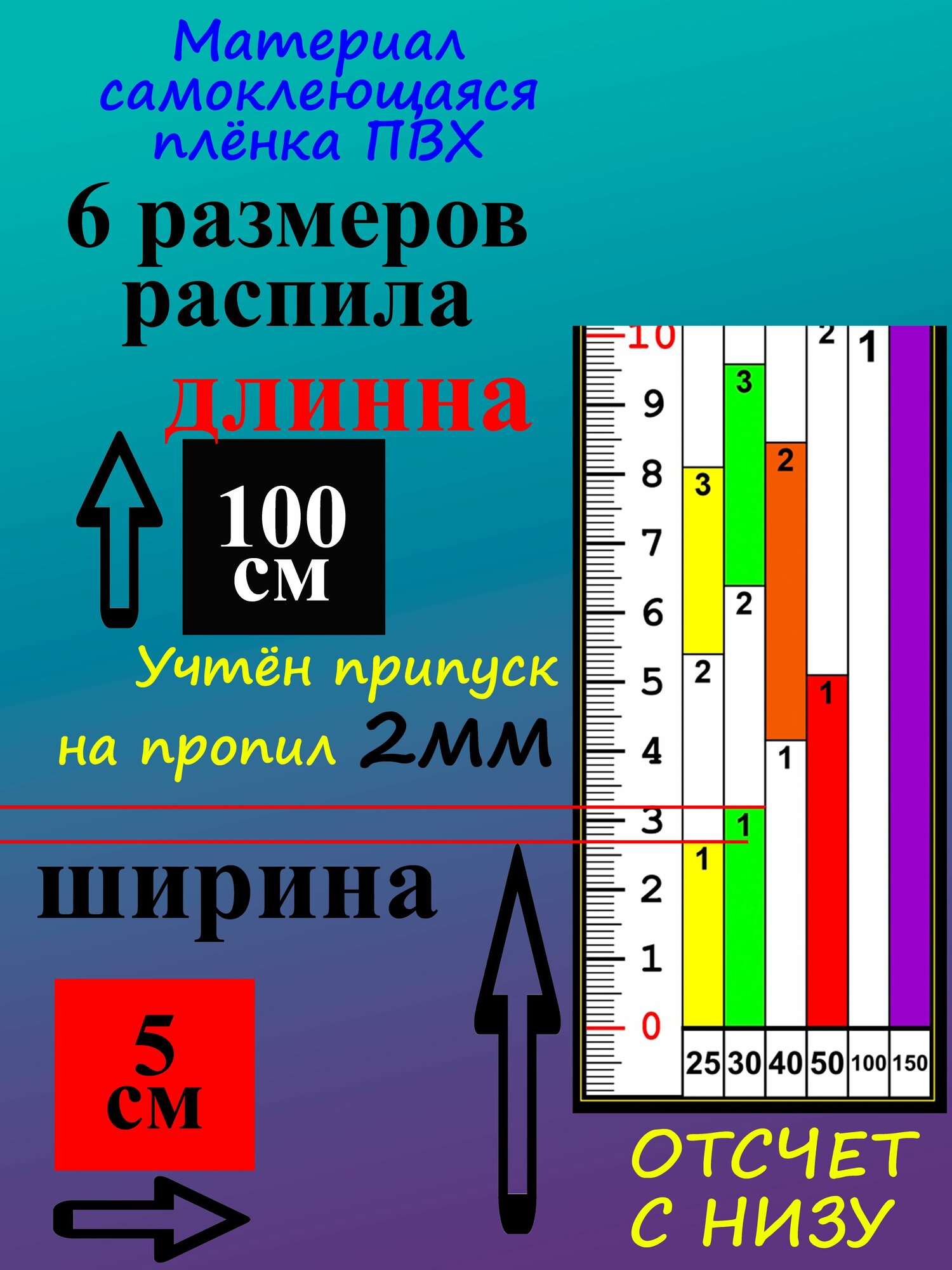 Линейка наклейка ПВХ для пилорамы 100см 6размеров 2мм пропил обратная