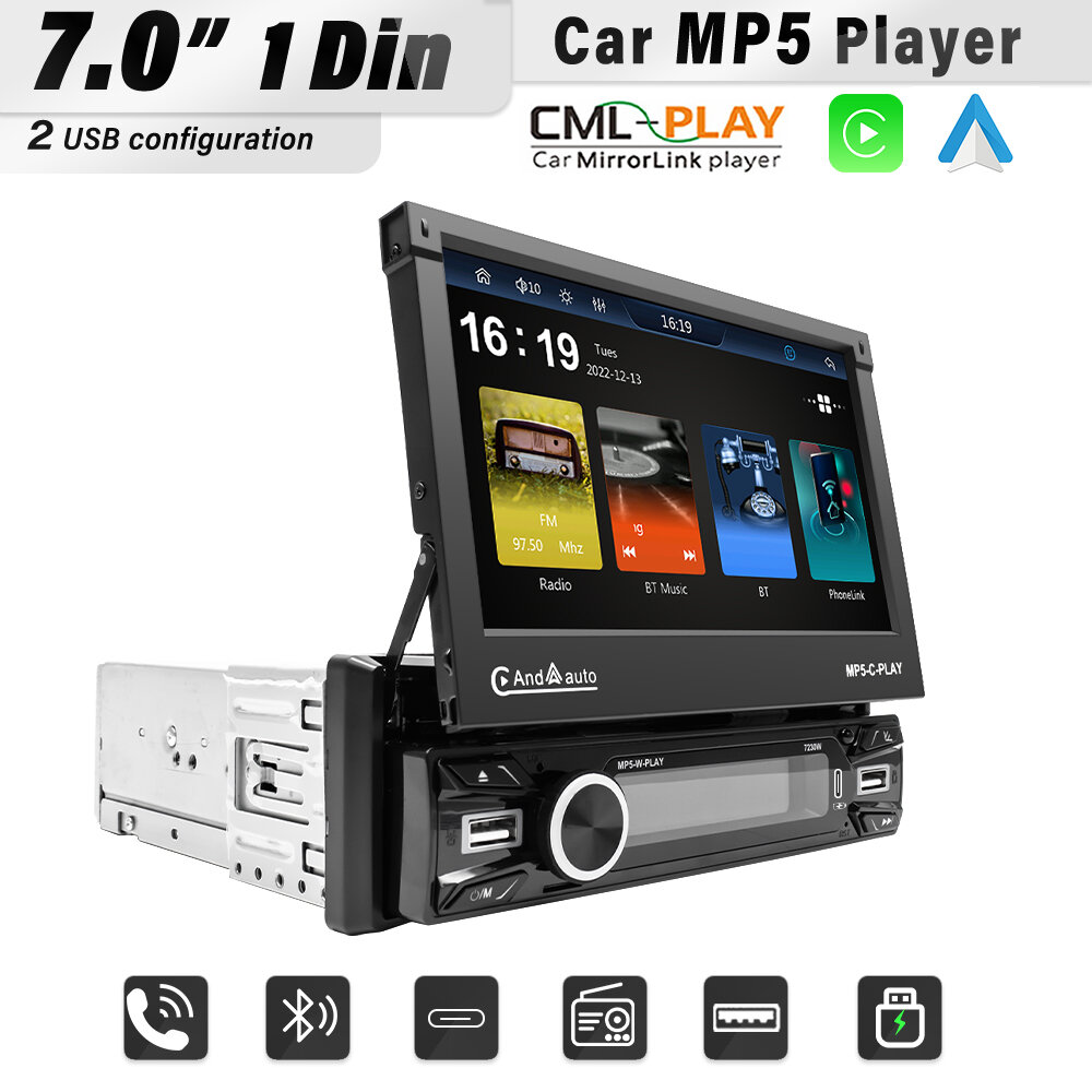 1din 7 дюймовый MP5 выдвижной автомобильный плеер с поддержкой carplay/Android auto, Bluetooth, USB, FM, AM, RDS, mirror link автомобильное радио