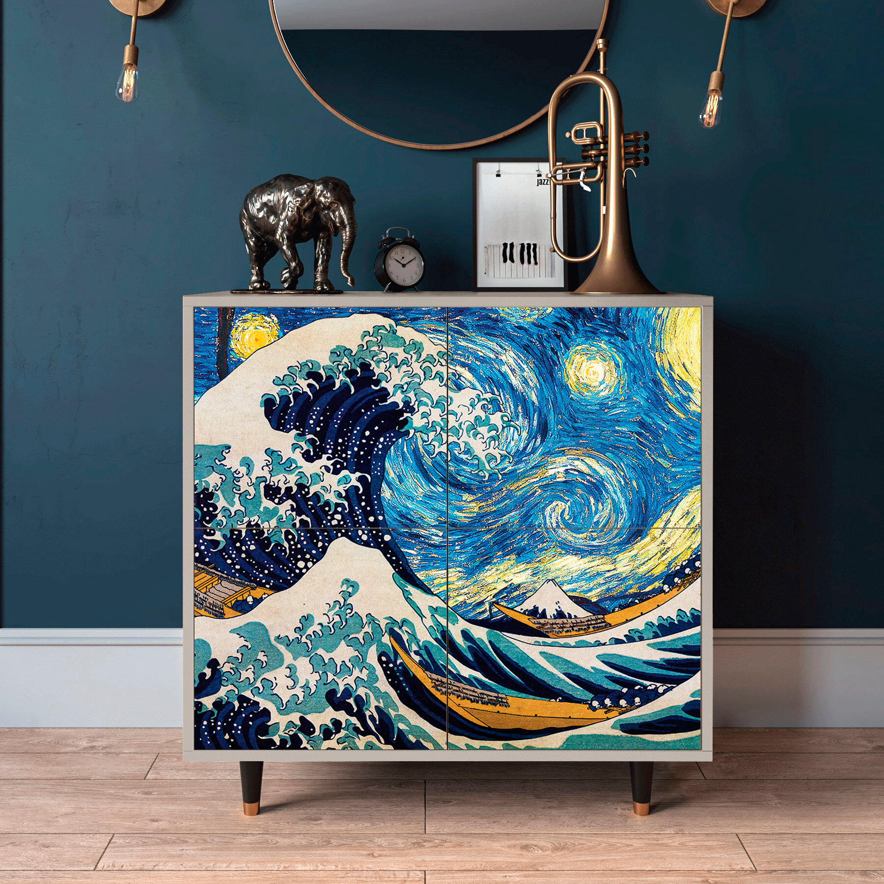 Комод - STORYZ - BS3 The Great Wave off Kanagawa by Hokusai, Размер - 94 x 96 x 48 см, Цвет корпуса - Сатин