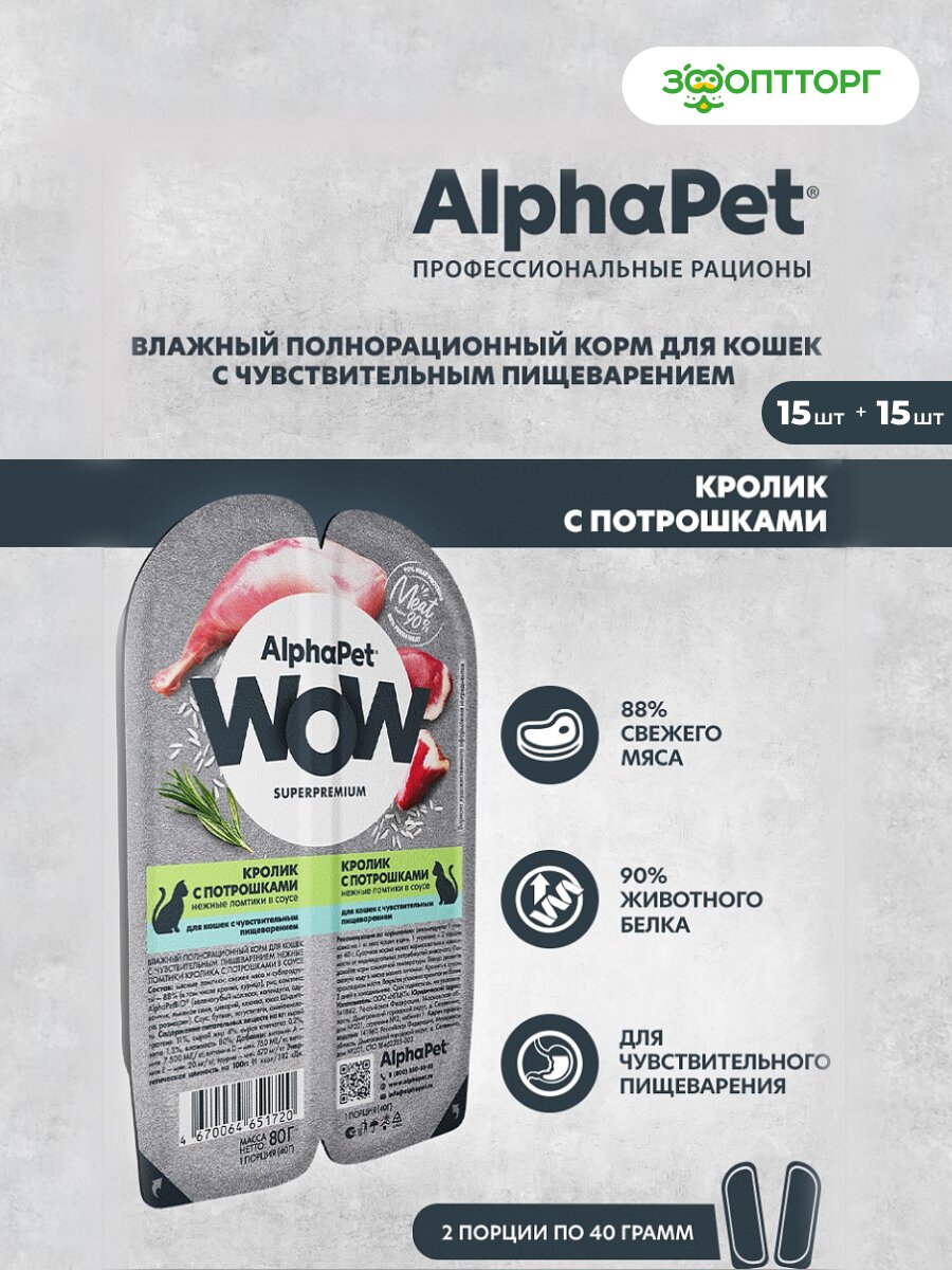 Влажный корм AlphaPet WOW пауч для кошек с чувствительным пищеварением (ломтики в соусе) Кролик и потрошки, 80 г х 30 шт