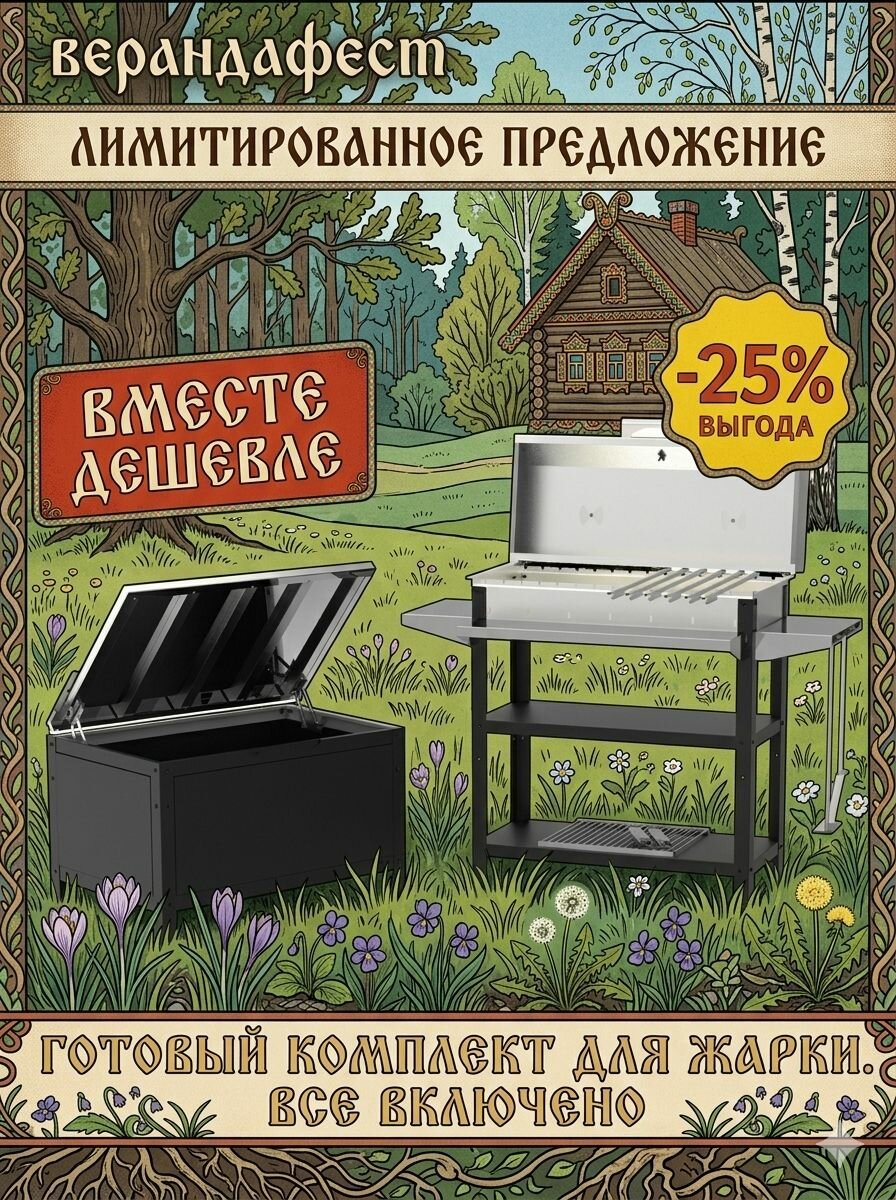 VERANDA: Садовая Кухня - Комплект "Вместе Дешевле" - Мангал, 3 Полки, Крышка, Решетка 42 см, Ящик для Хранения, Набор Совка и Кочерги, Набор Шампуров 6 шт.