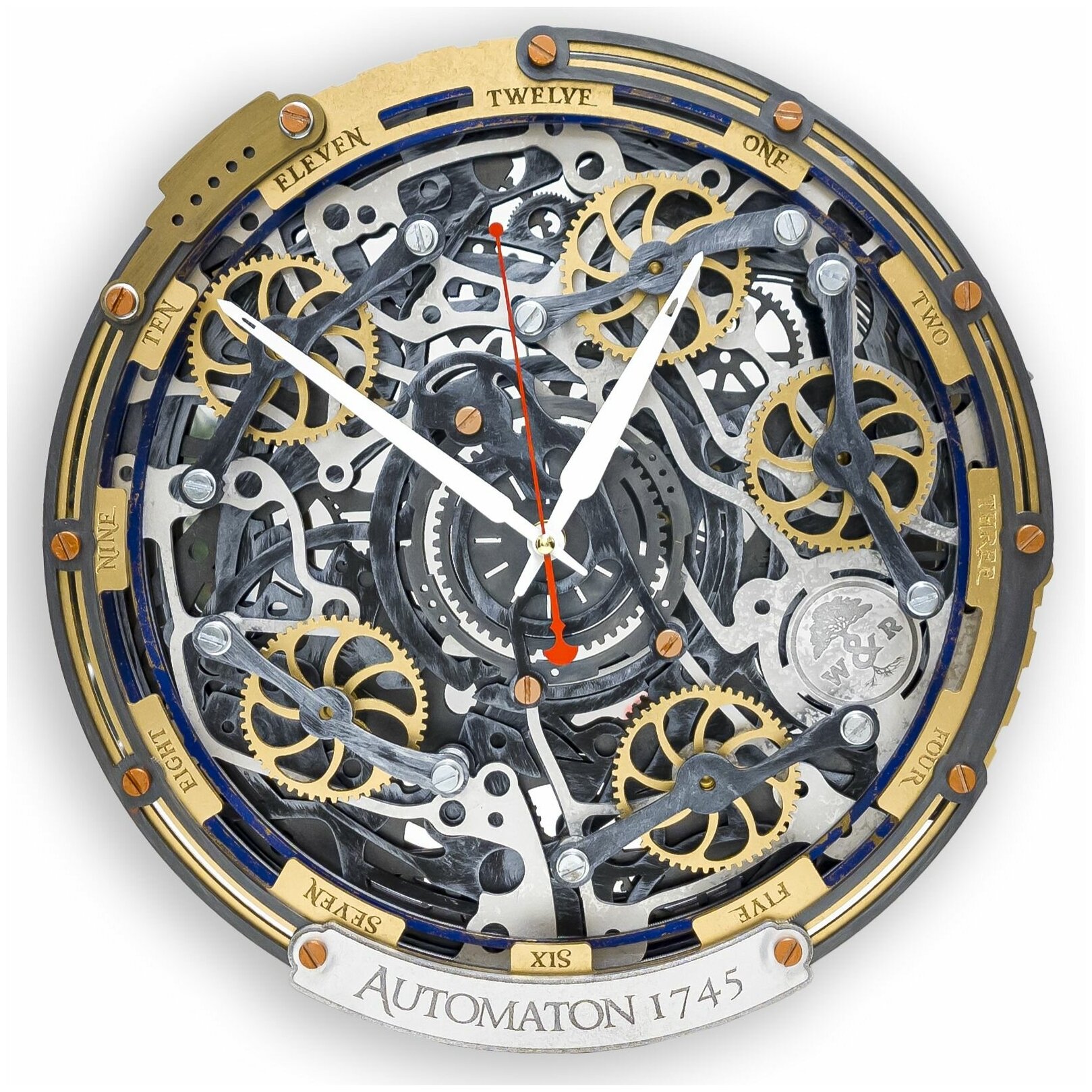 WOODANDROOT Дизайнерские настенные часы Автоматон 1745 с вращающимися шестеренками 36см