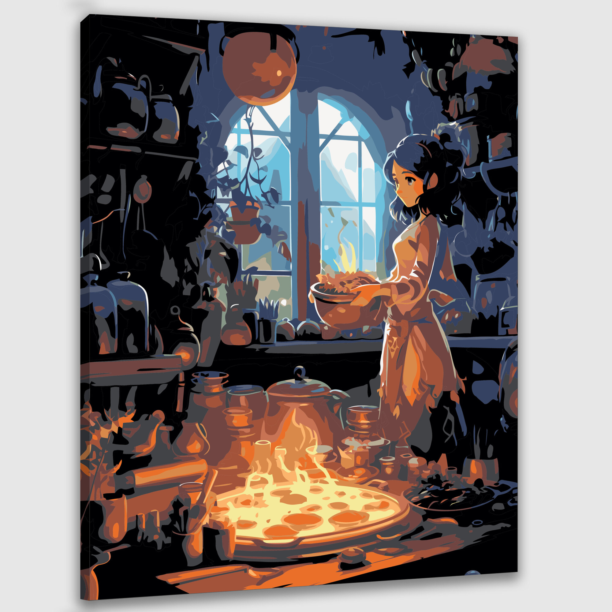 Картина по номерам 40x50 см, ведьма, кулинарный ритуал, эклектичная кухня, яркие волосы, богемный наряд