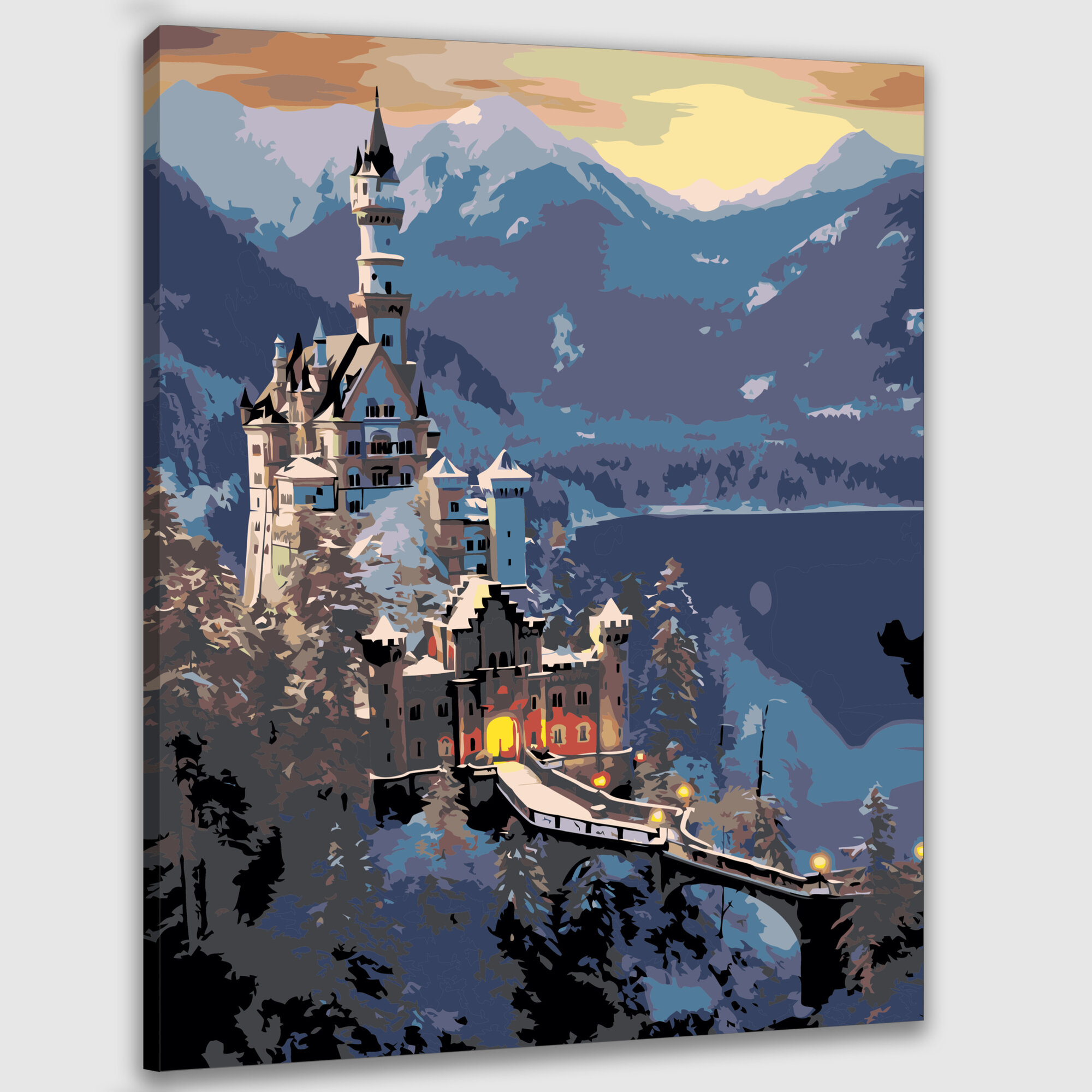 Картина по номерам 40x50 см, зимняя сказка, величественный заснеженны, теплые золотистые огни, белый снег