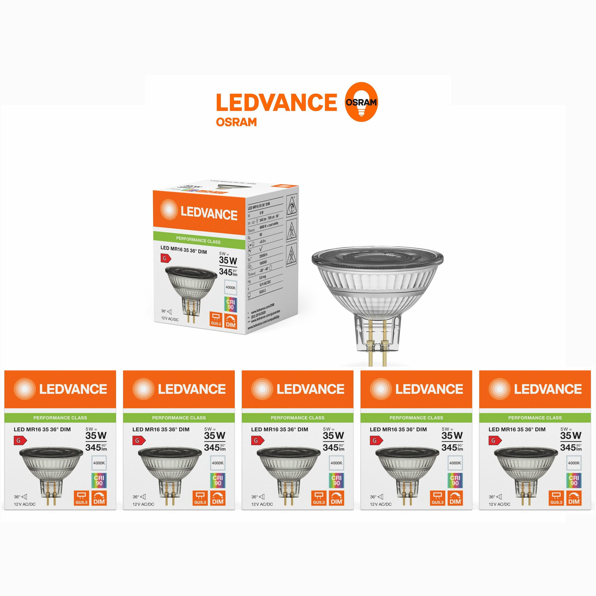 5шт/уп. Лампа LED Софит 5Вт 12В GU5.3 MR16 345Лм Ra90 Диммируемая Стекло Угол 36 град. 4000К Свет Дневной белый LEDVANCE-OSRAM, уп. 5шт