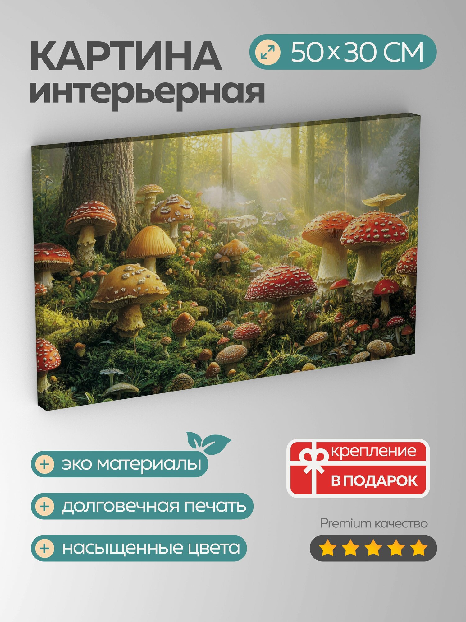 Картина на холсте интерьерная 50х30 см, грибная поляна, высокое разрешение, разнообразие видов грибов, сложные детали