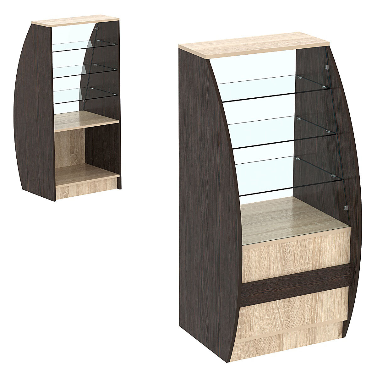 Торговый прилавок со стеклом серии бриз №1-600 узкий, Дуб Сонома + Дуб Венге