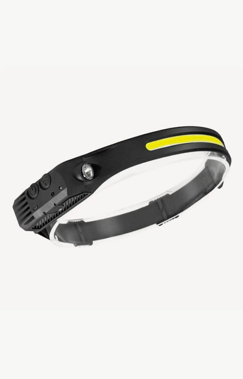 Фонарик налобный аккумуляторный светодиодный (гибкая COB панель + боковой светодиод, датчик движения, водонепроницаемый, зарядка USB)