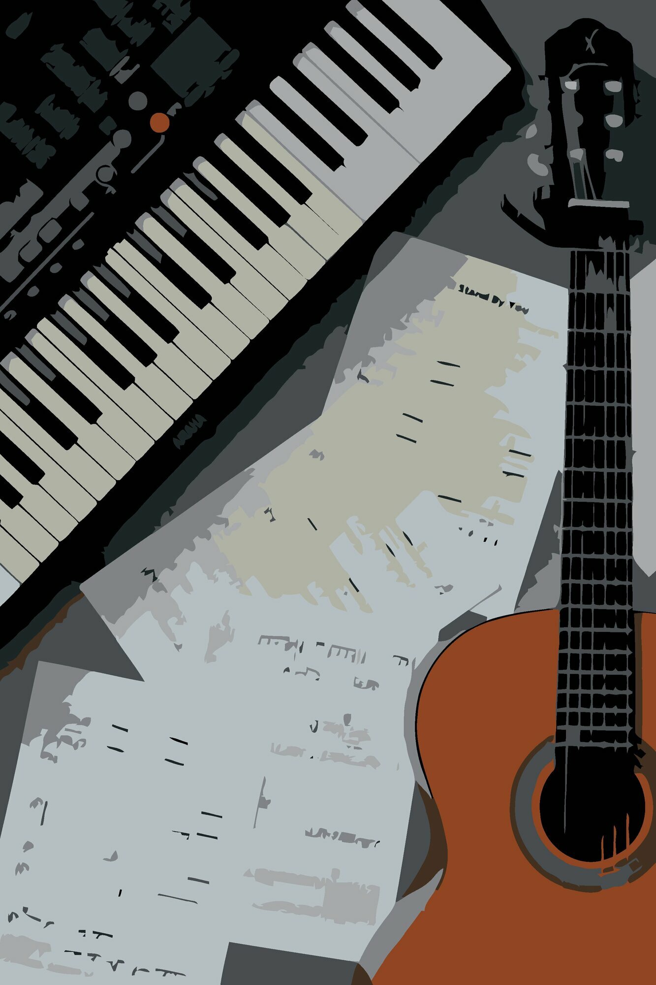 Детская картина по номерам E1678 "Нотные листы. Гитара. Синтезатор. Музыка" 20x30