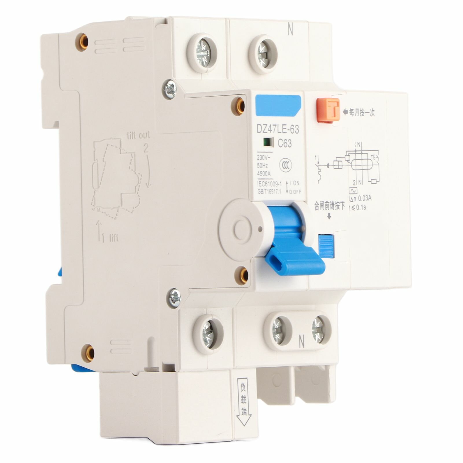 Автоматический выключатель с УЗО DZ47LE-63 1P+N, 63А