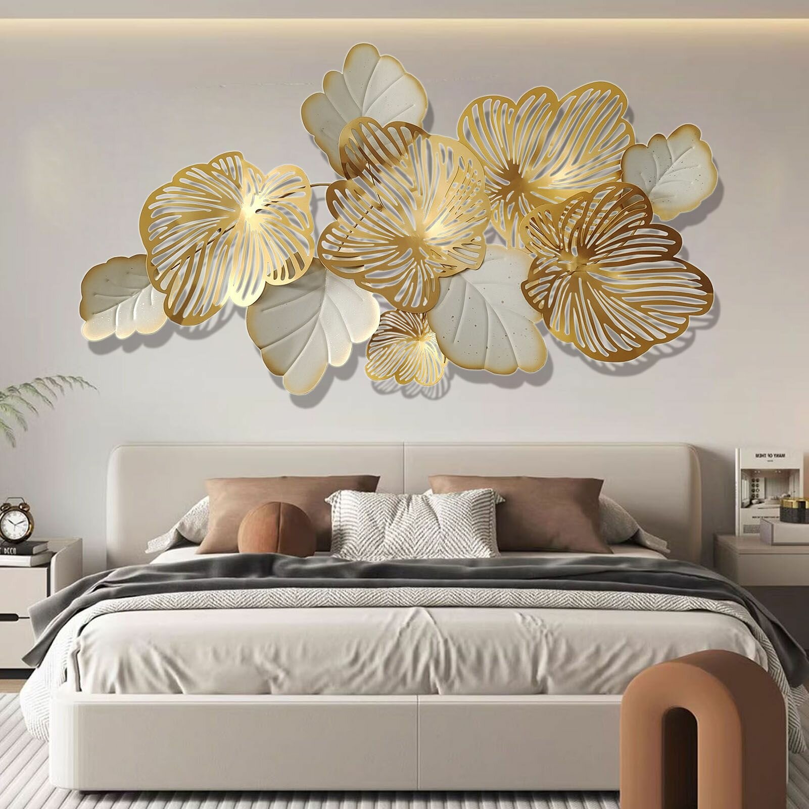 Декоративное настенное Панно, Листья металлическое из интерьера, декор для комнаты 132х72 см