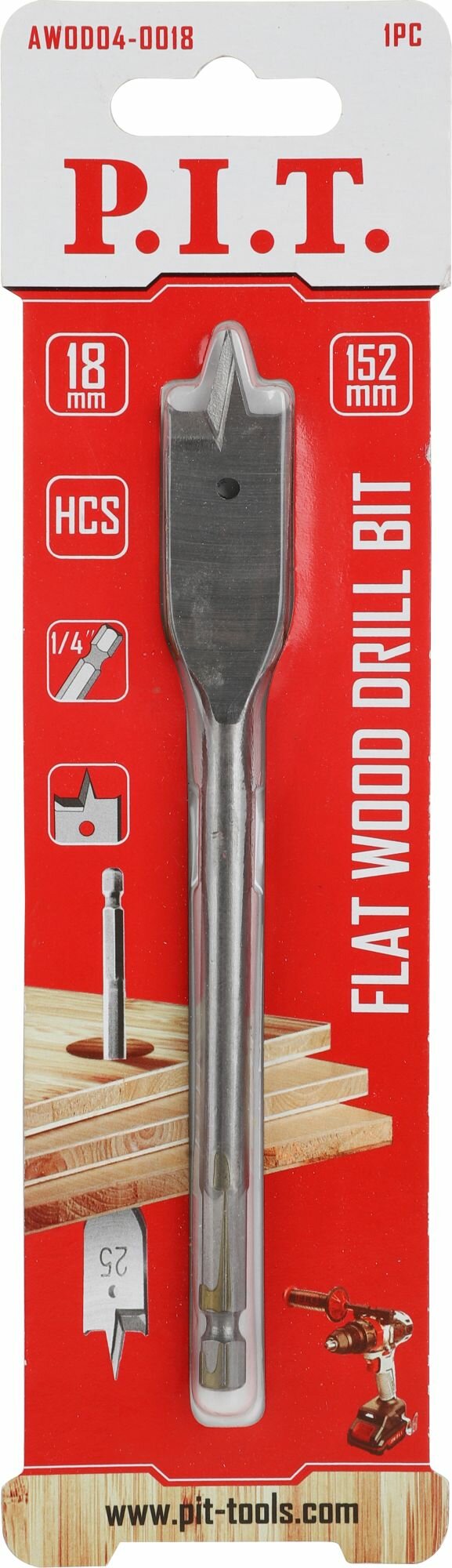 Сверло по дереву перовое P.I.T. AWOD04-0018, хвостовик HEX 1/4", d: 18 мм