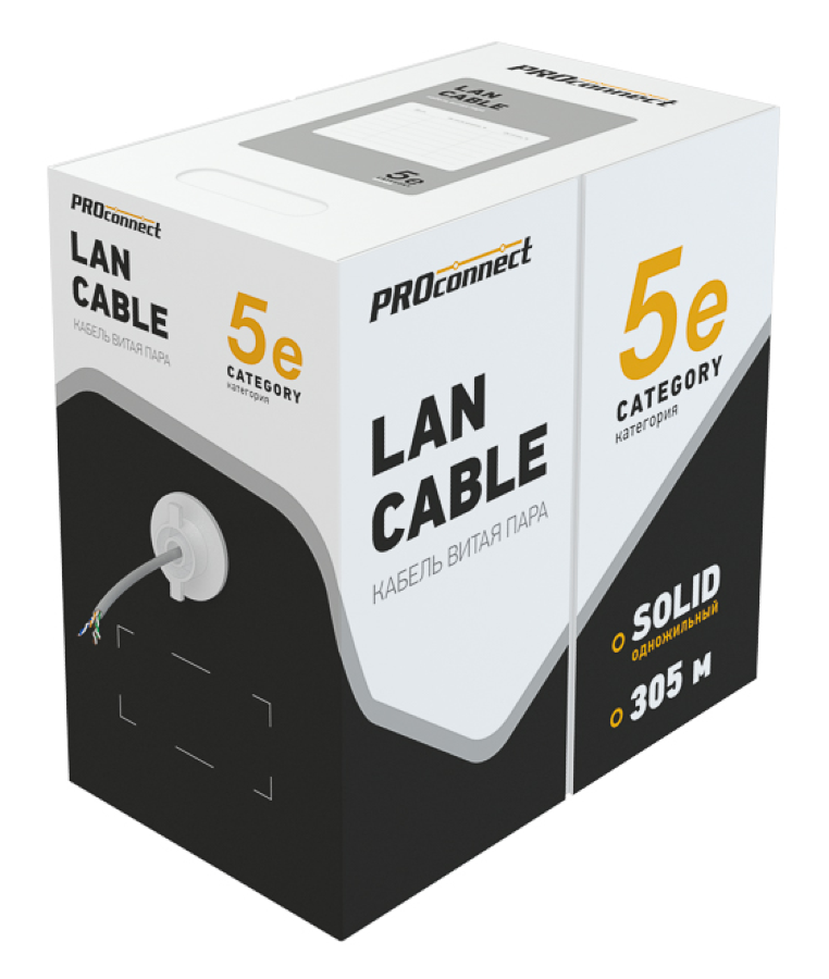 Кабель информационный PROconnect / Проконнект Indoor solid 24AWG 4PR, витая пара, омедненный CCA ПВХ серый, U/UTP, cat5e, 4 пары, 5.1мм, 305м / электрика