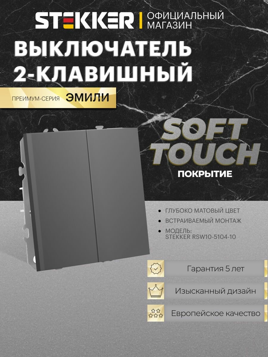 Выключатель двухклавишный встраиваемый, платиново-серый, 10А 250В, Stekker RSW10-5104-10 Эмили 49944