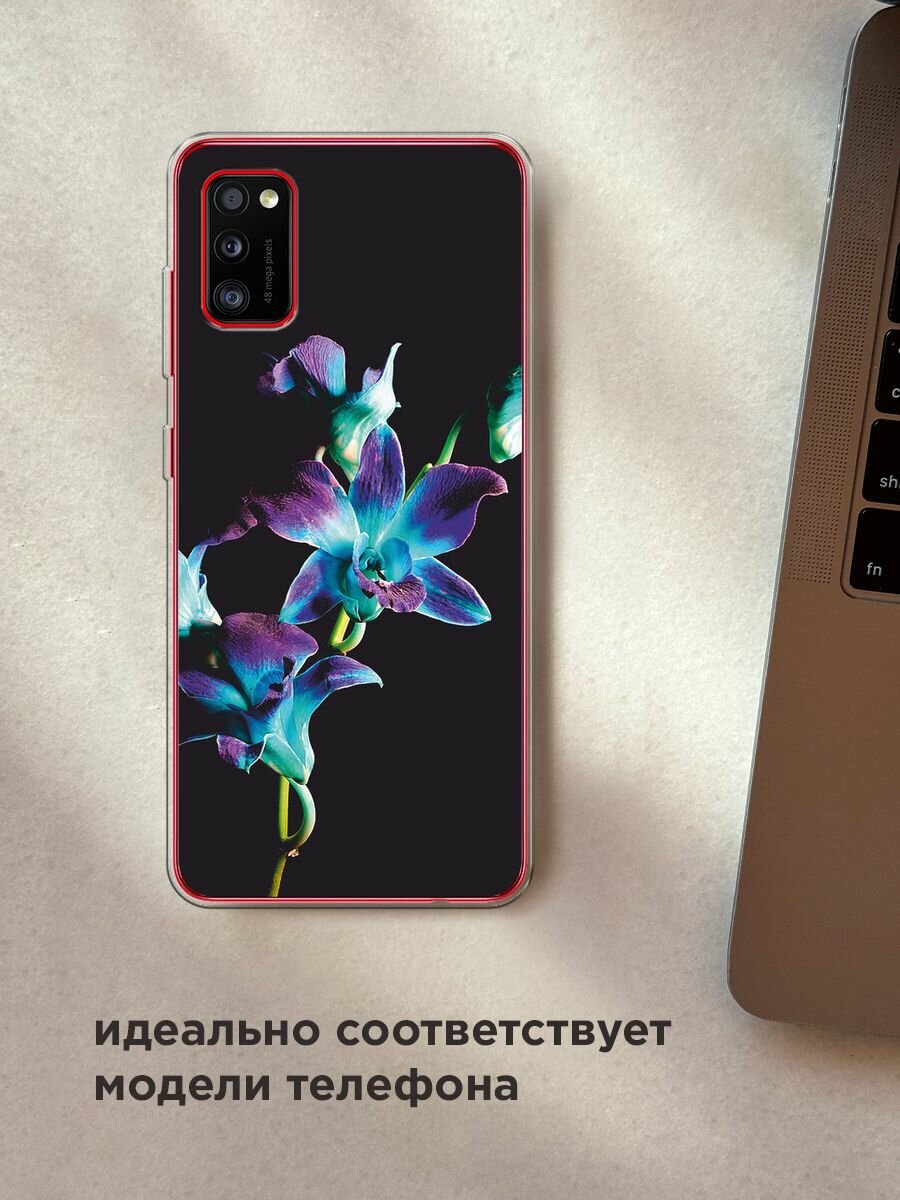 Чехол на Samsung Galaxy A41 / Самсунг Галакси А41 с принтом "Синий цветок на черном" — фото 1