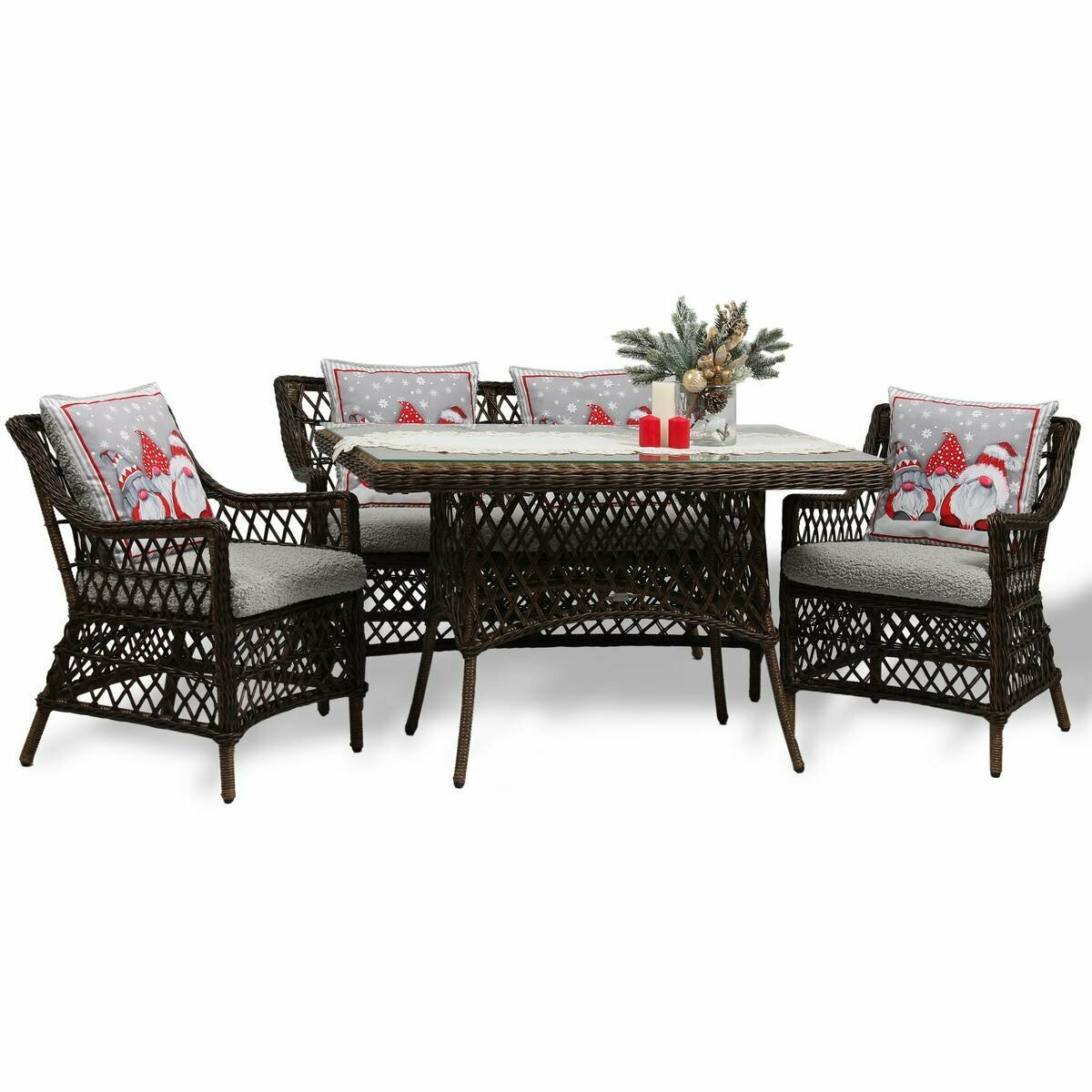 Обеденная группа Malacca Гайс в цвете зебрано, искусственный ротанг, для улицы, с новогодним текстилем
