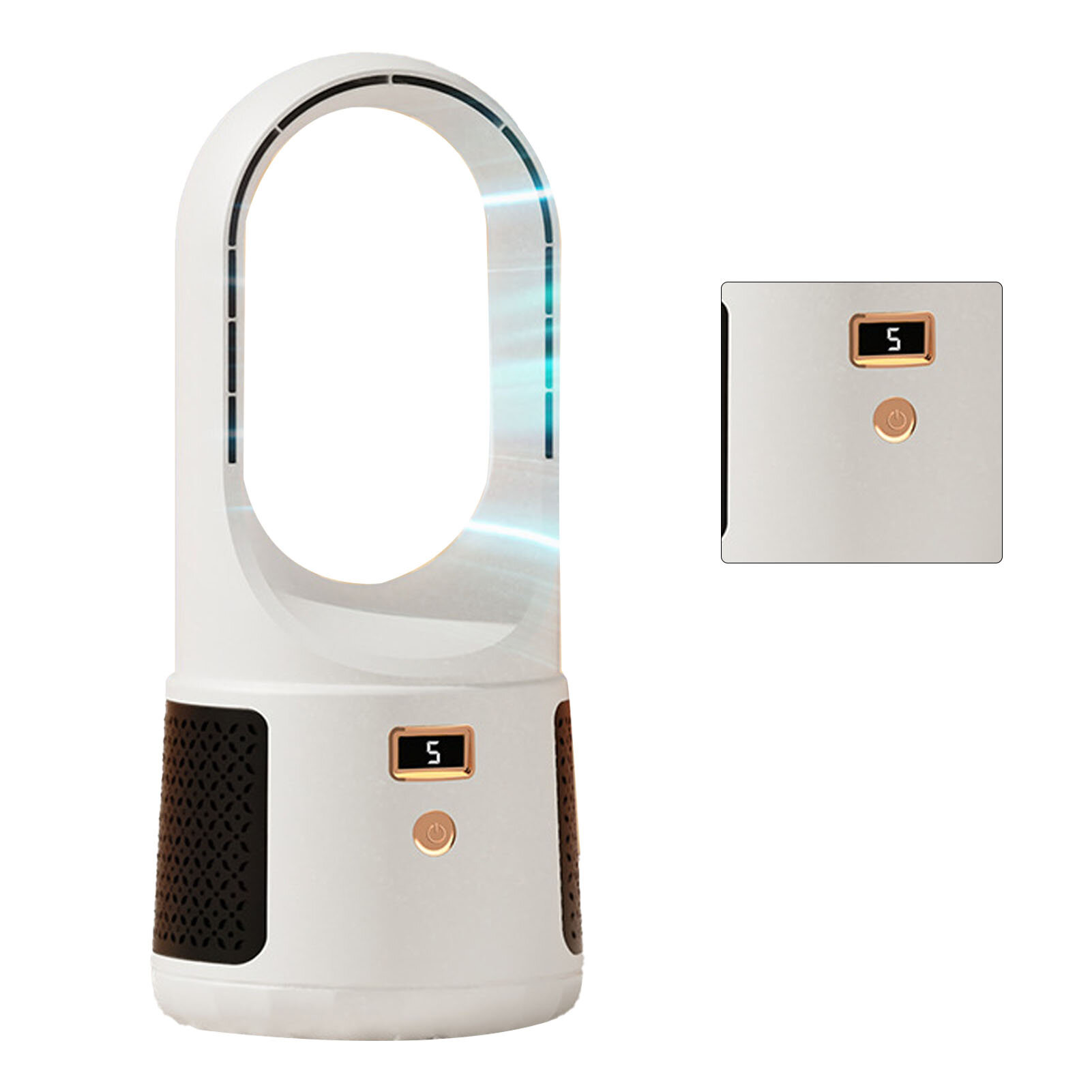 Башенный вентилятор, безлопастной, 6-скоростной режим, USB-зарядка, светодиодный дисплей, малошумный настольный вентилятор для семейного офиса, общежития, белый