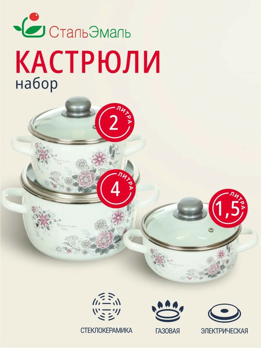 Набор посуды эмалированная сталь, 3 предмета, кастрюли 1.5,2,4 л, индукция, СтальЭмаль, Весенний романс, 1КА071S