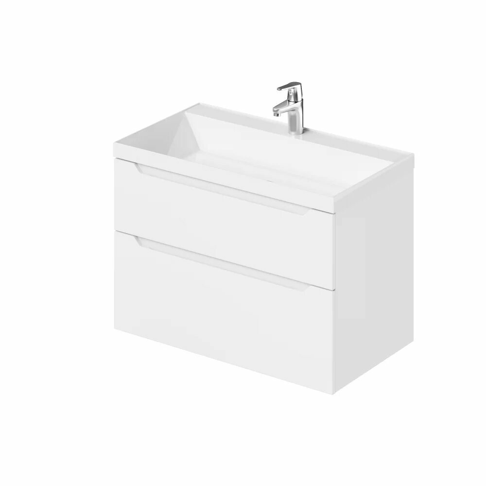 Тумба с раковиной IKA Nill 2.0 80 подвесная, 80 см, белая, глянцевая, из МДФ, с ящиками, раковина для ванной, из искусственного камня, прямоугольная