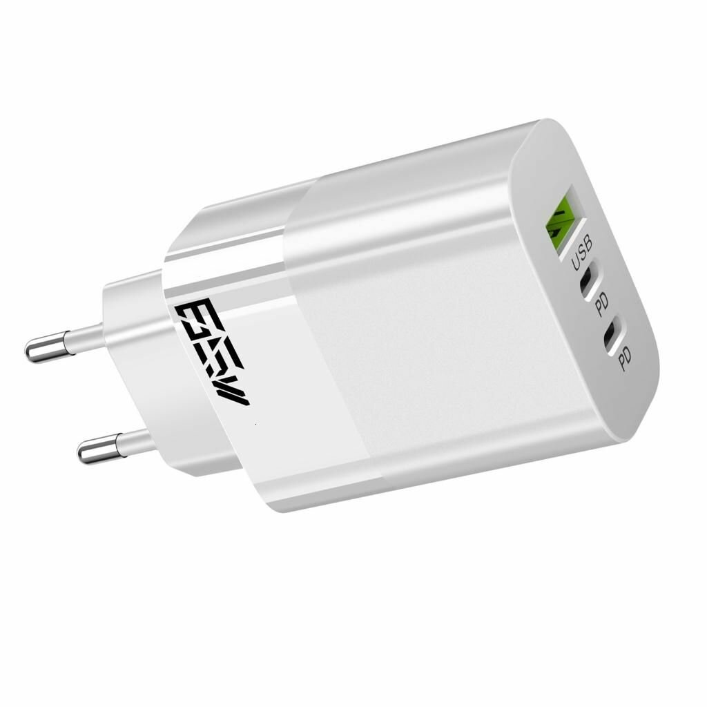 65W Быстрое зарядное устройство для нескольких устройств, два порта USB C, компактная технология PD, европейский стиль, Белый