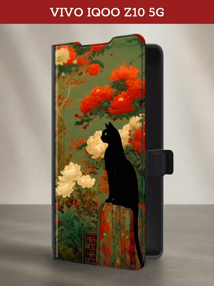 Чехол-книжка на Vivo IQOO Z10 5G / Виво IQOO Z10 5G с принтом Black cat 2, черный