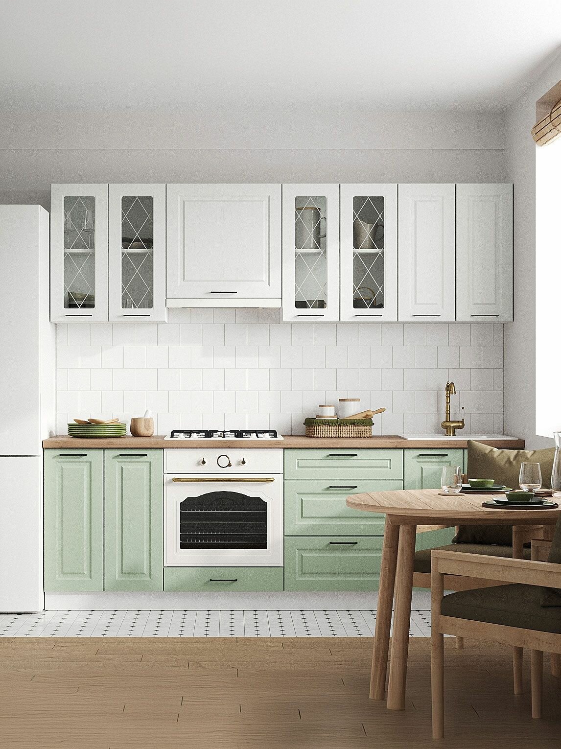 Кухонный гарнитур Шервуд 2.4 м, мебель для дома и кухни, Белый / Арктик со стеклом / Шато мята