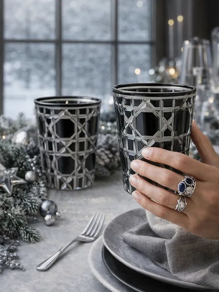 Набор стаканов черный узор 2 шт, 330 мл, с рисунком. Коробка подходит для подарка. Упрочненное цветное стекло.